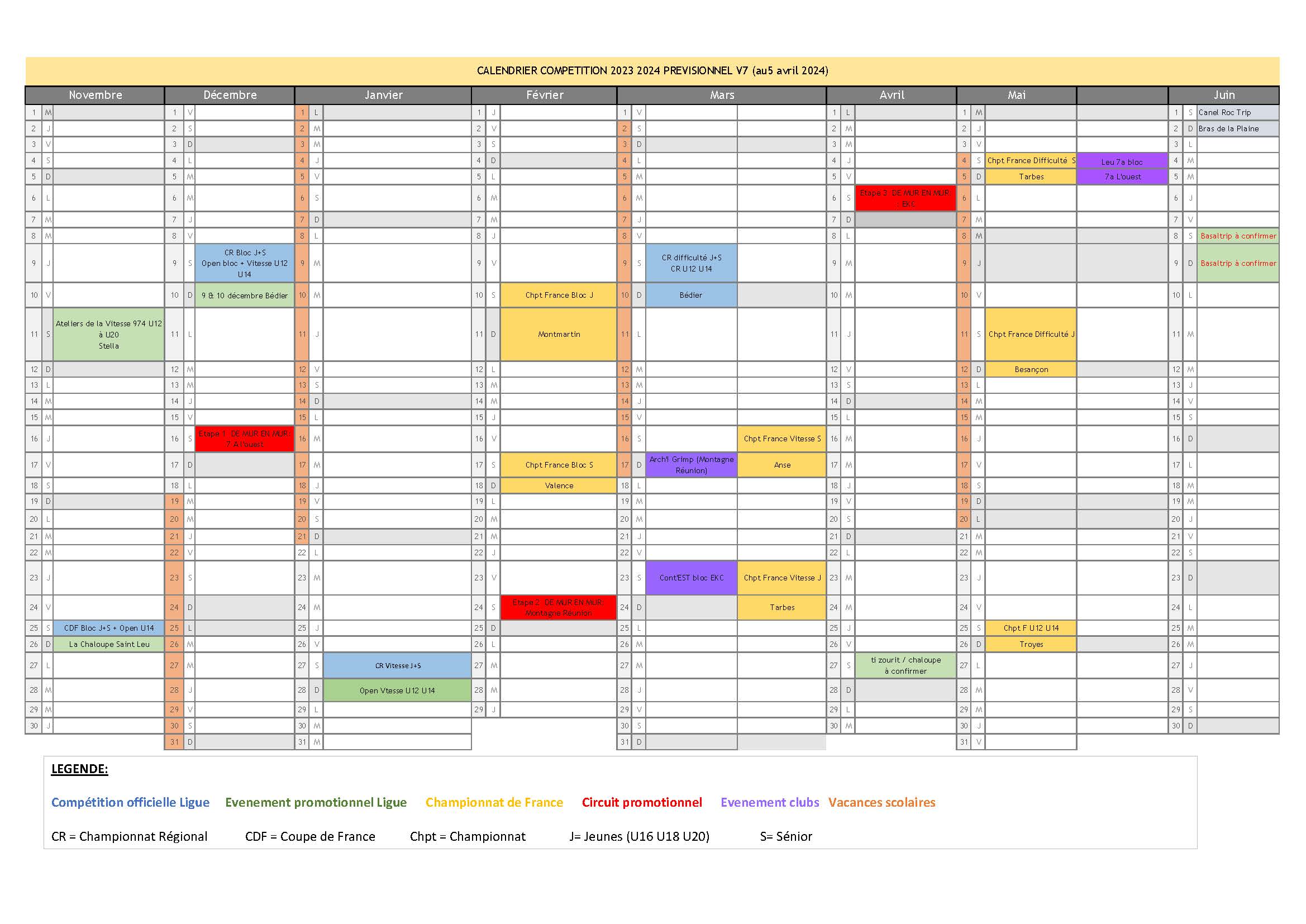 Calendrier prévisionnel des compétitions - FFME 974